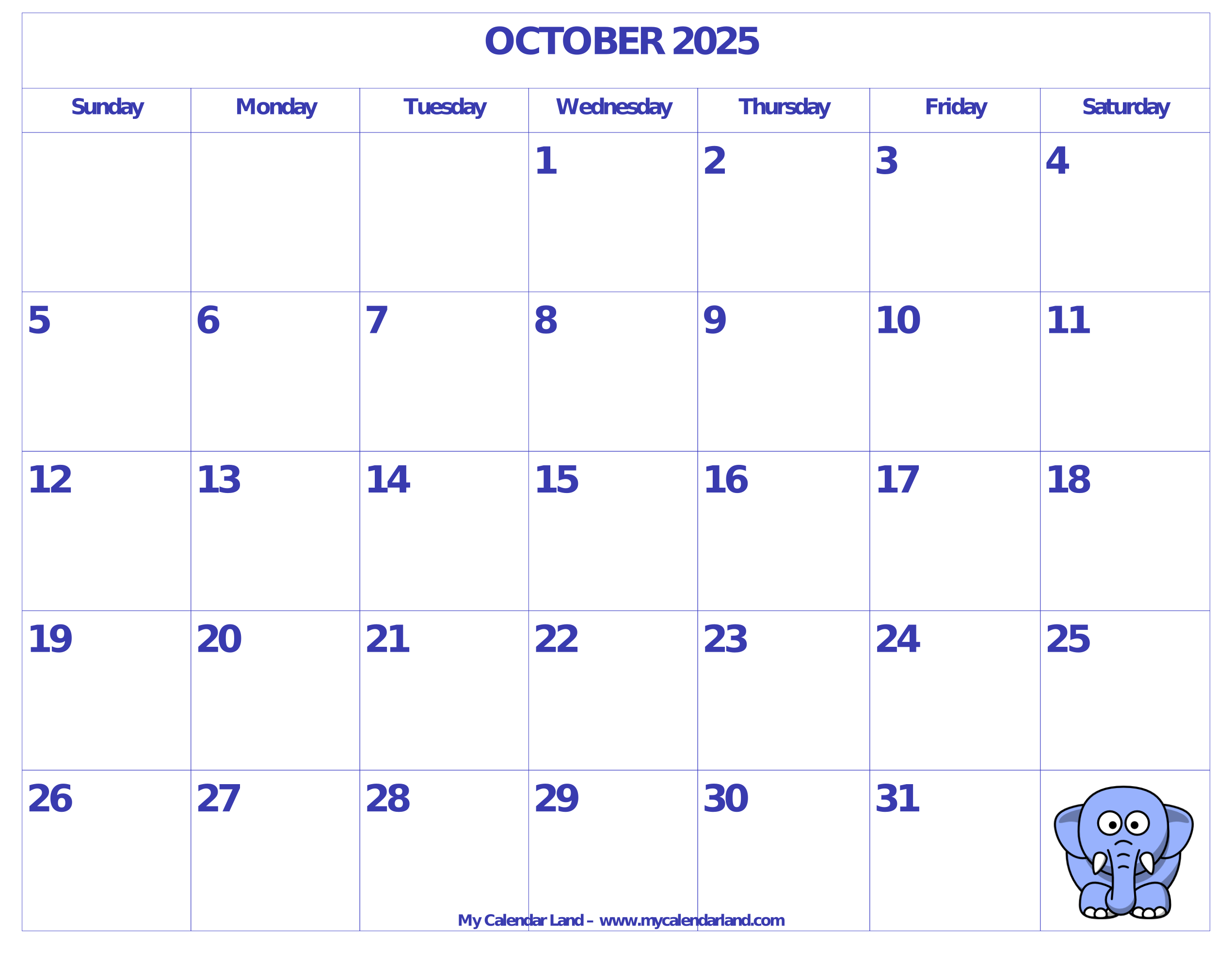 October 2025 Calendar – My Calendar Land