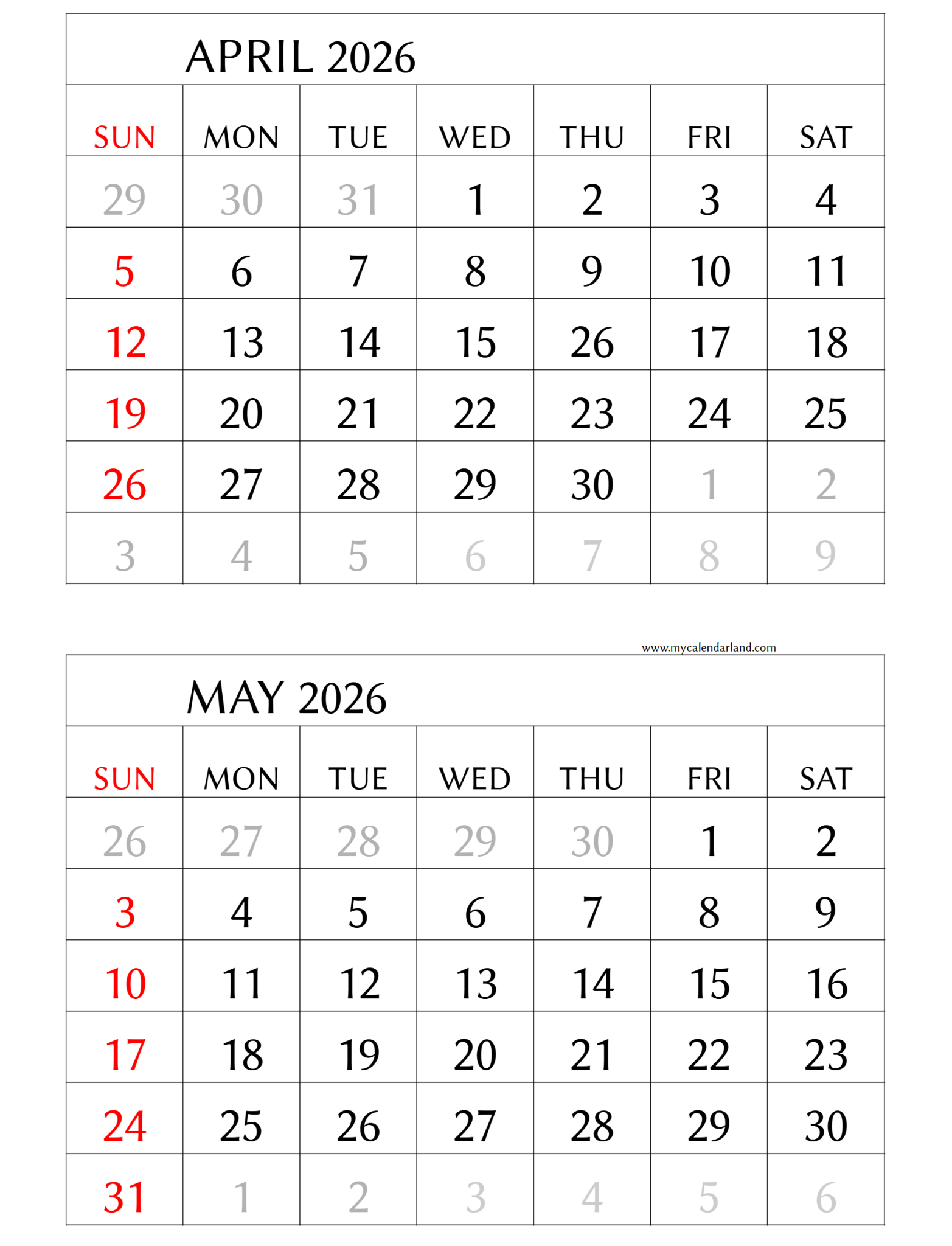 Free Printable Two-Month Calendars – My Calendar Land