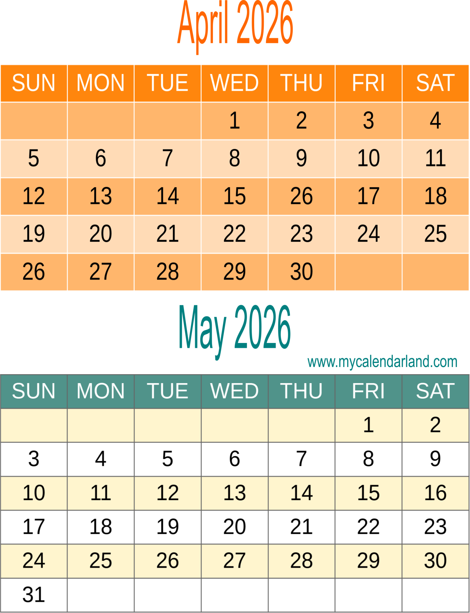 Free Printable Two-Month Calendars – My Calendar Land