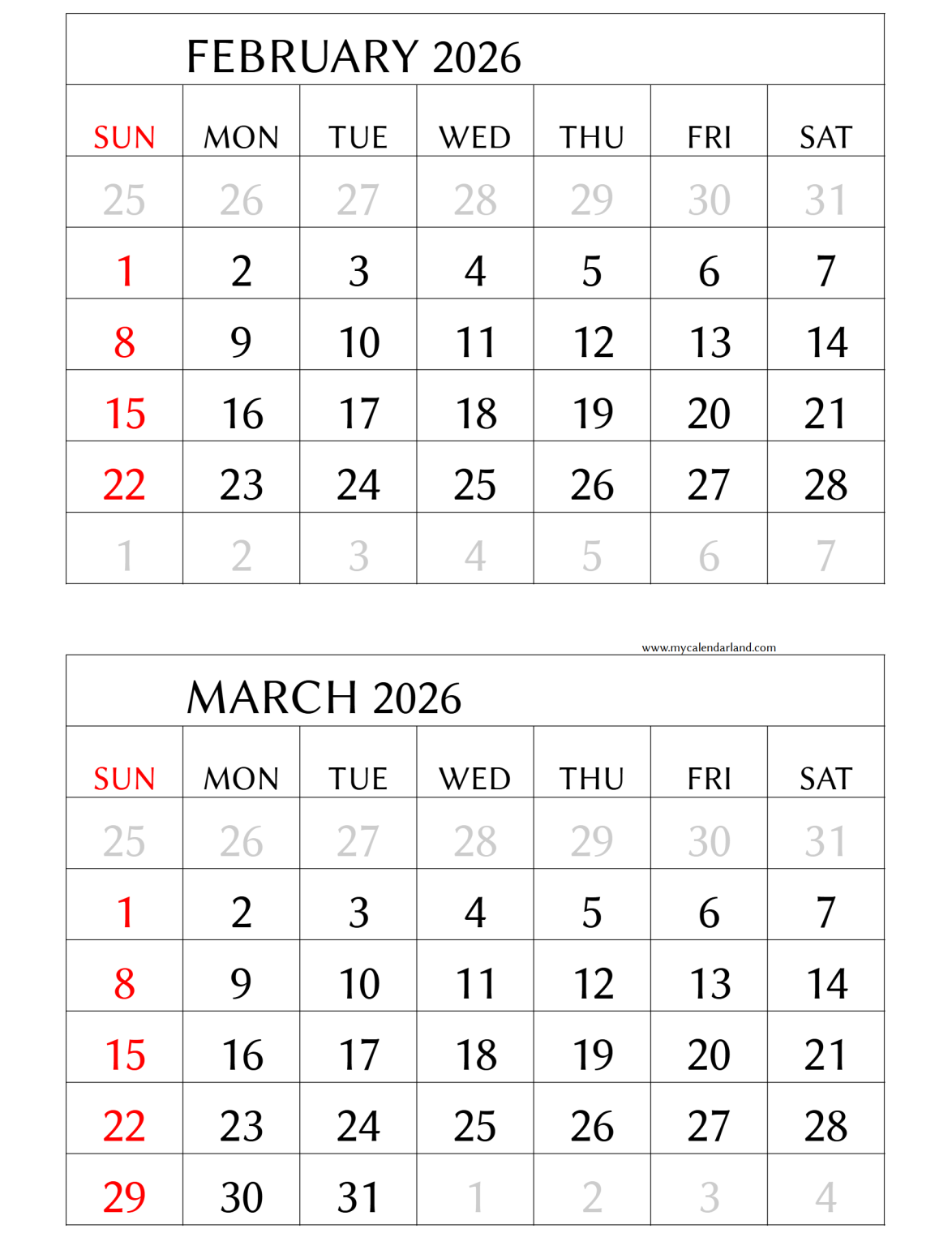 Free Printable Two-Month Calendars – My Calendar Land