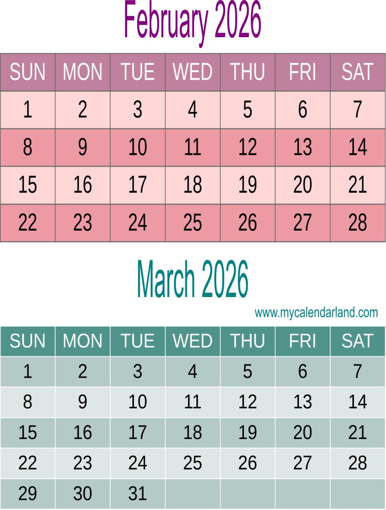 Free Printable Two-Month Calendars – My Calendar Land