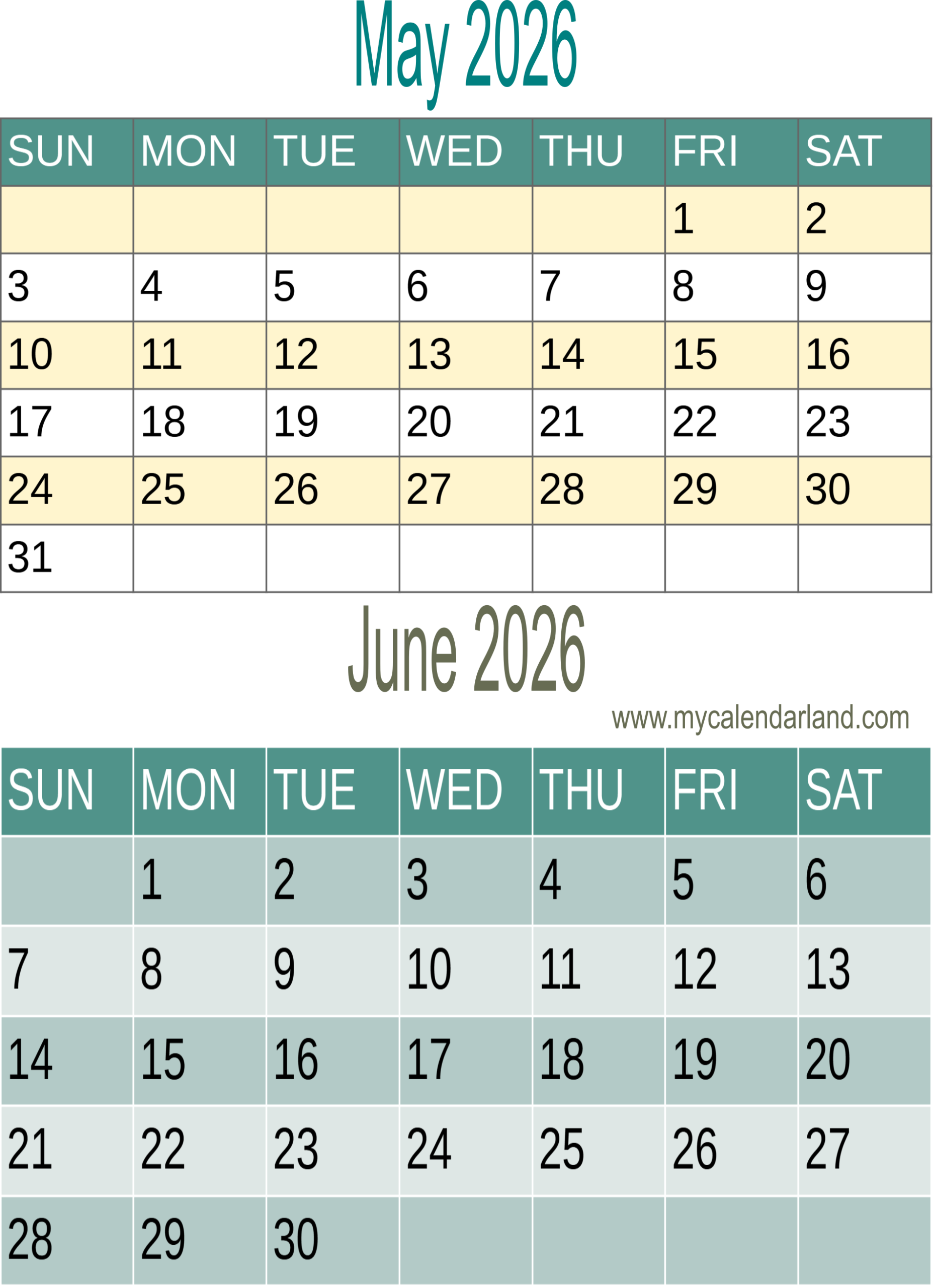 Free Printable Two-Month Calendars – My Calendar Land