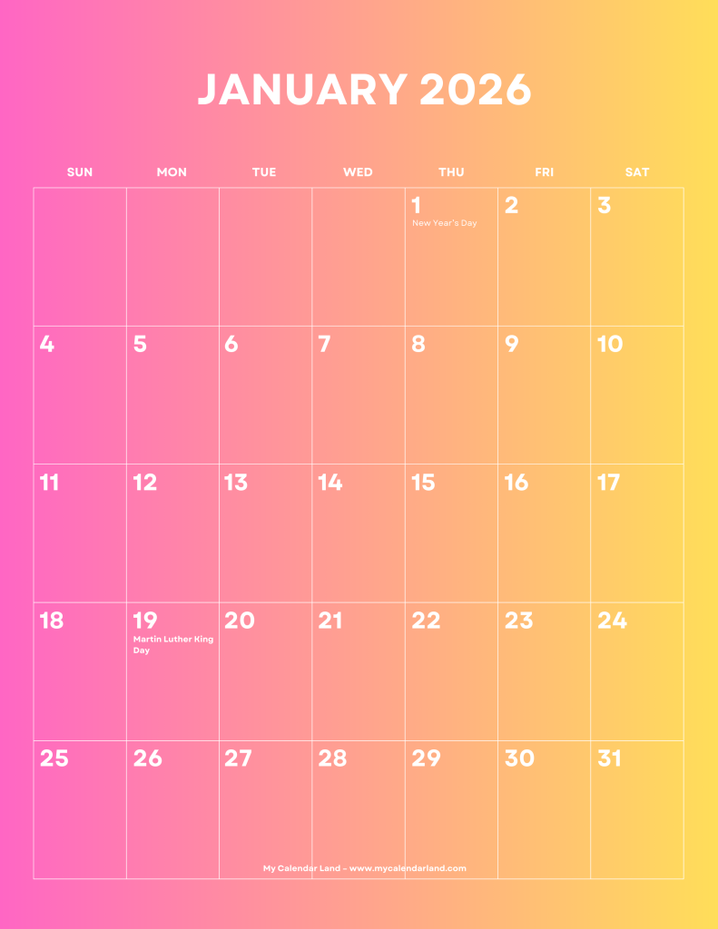 January 2026 Calendar – My Calendar Land