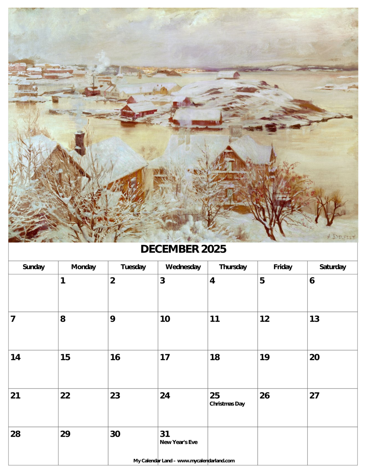 December 2025 Calendar – My Calendar Land