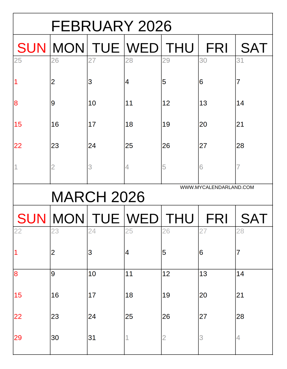 February and March Calendars for 2026 – My Calendar Land