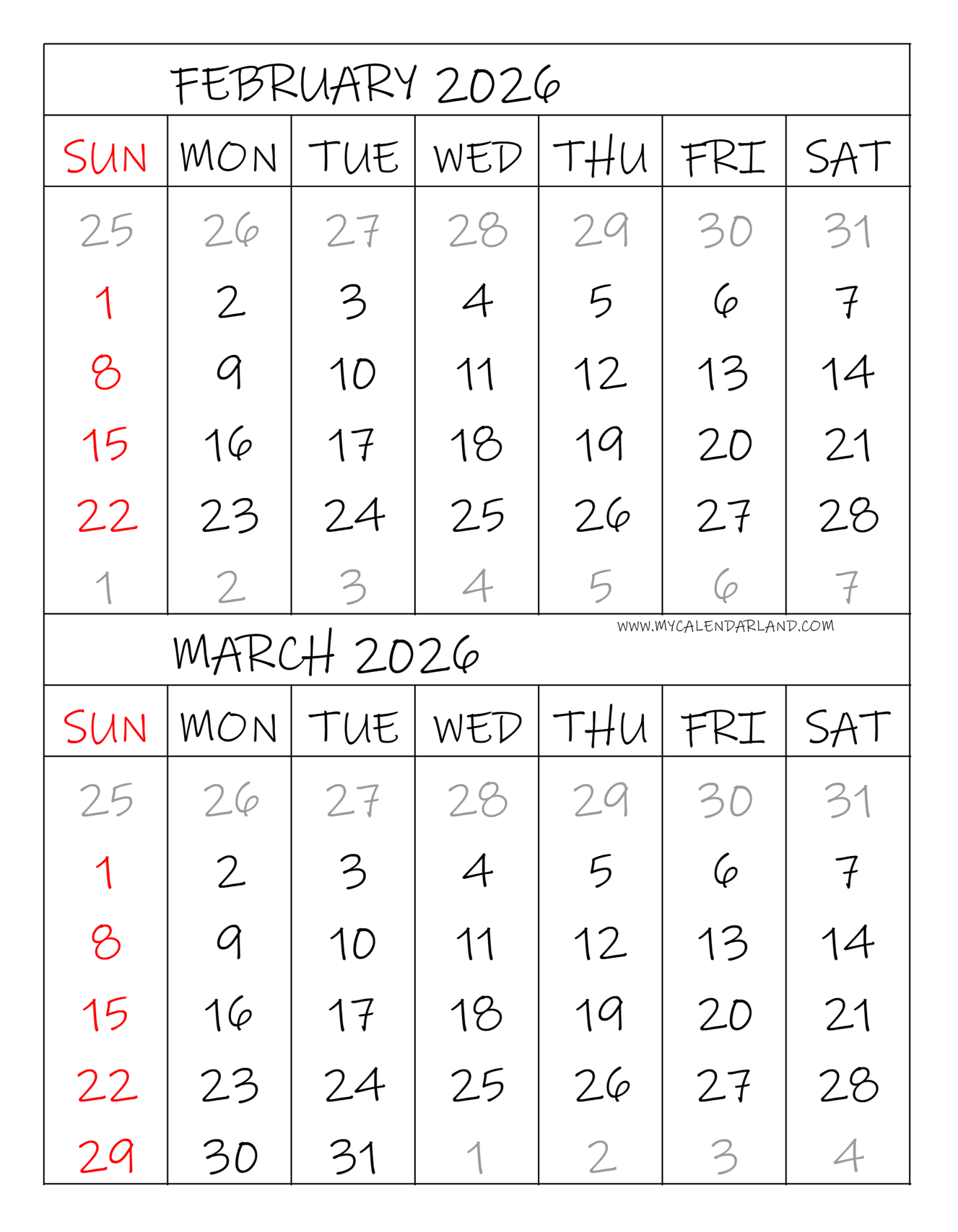 February and March Calendars for 2026 – My Calendar Land