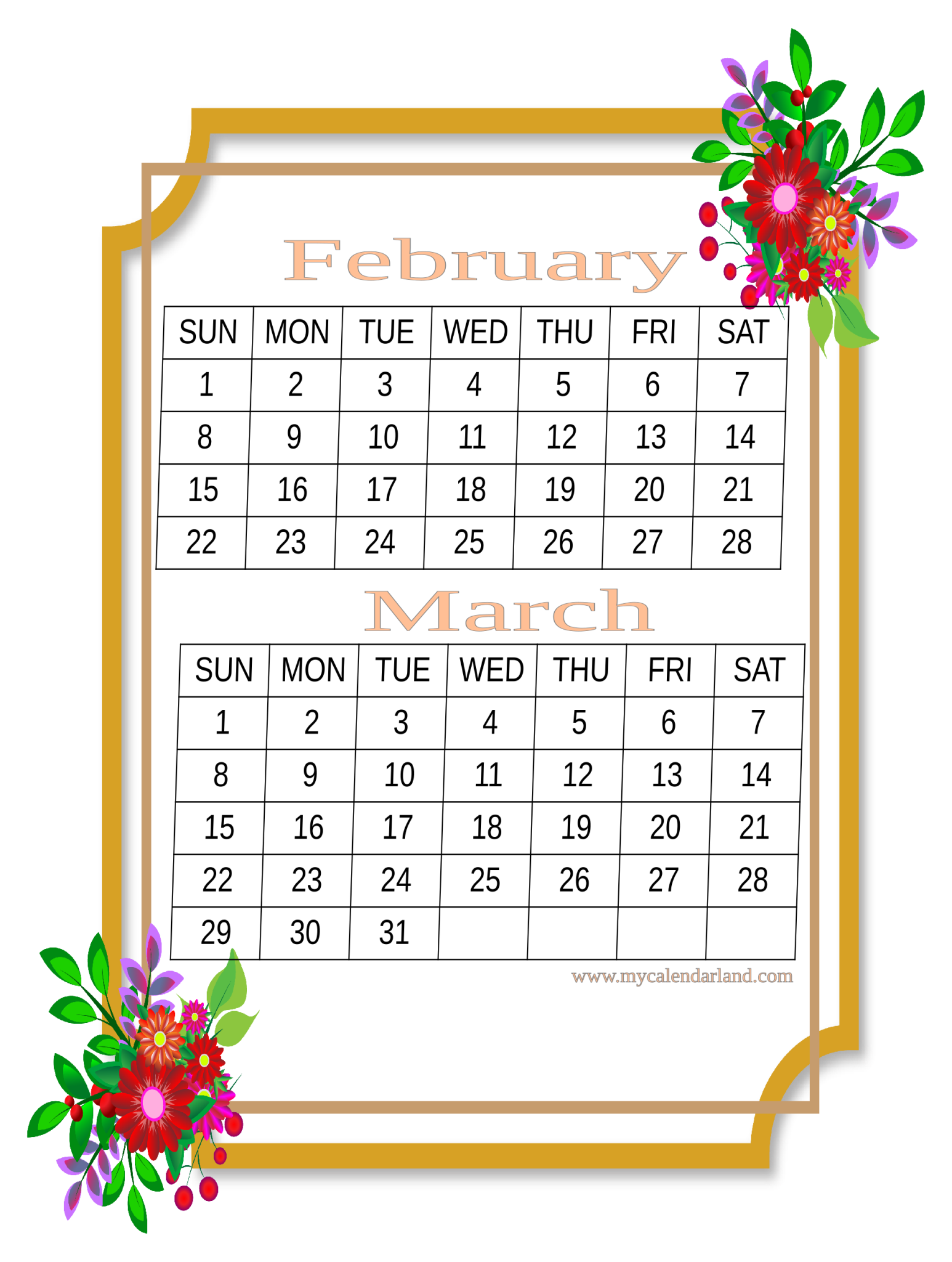 February and March Calendars for 2026 – My Calendar Land