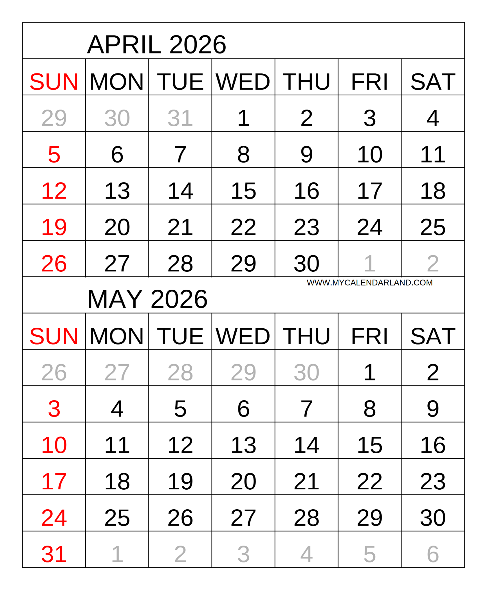 April and May Calendars – My Calendar Land