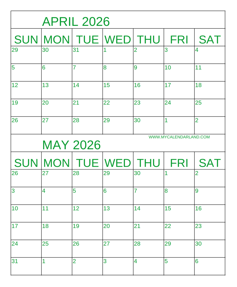April and May Calendars – My Calendar Land