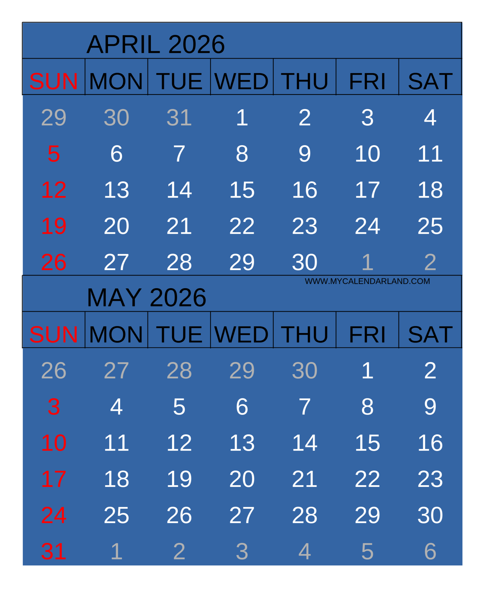 April and May Calendars – My Calendar Land