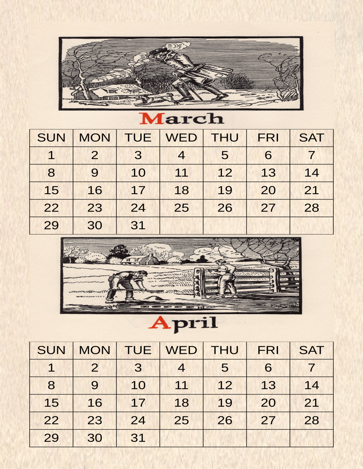 March and April Calendars 2026 – My Calendar Land