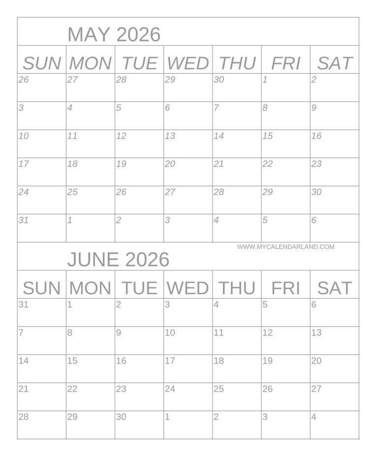 May and June Calendars – My Calendar Land