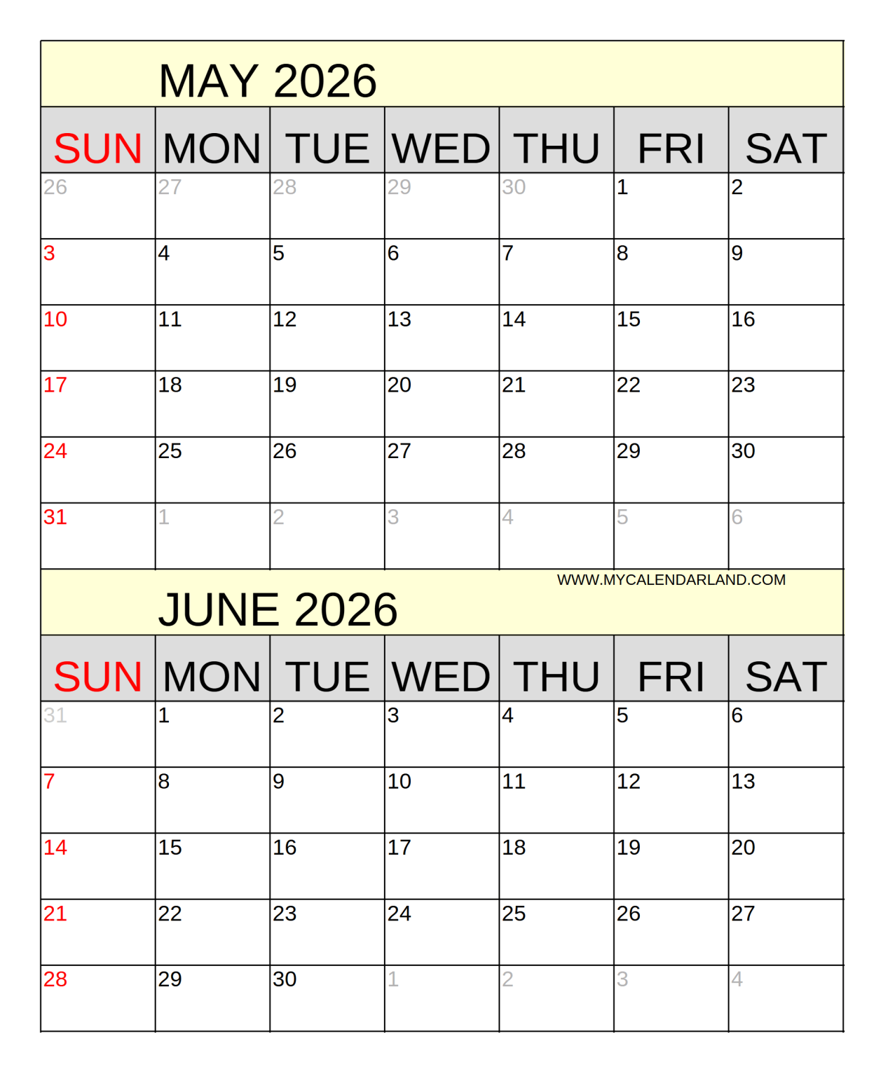 May and June Calendars – My Calendar Land
