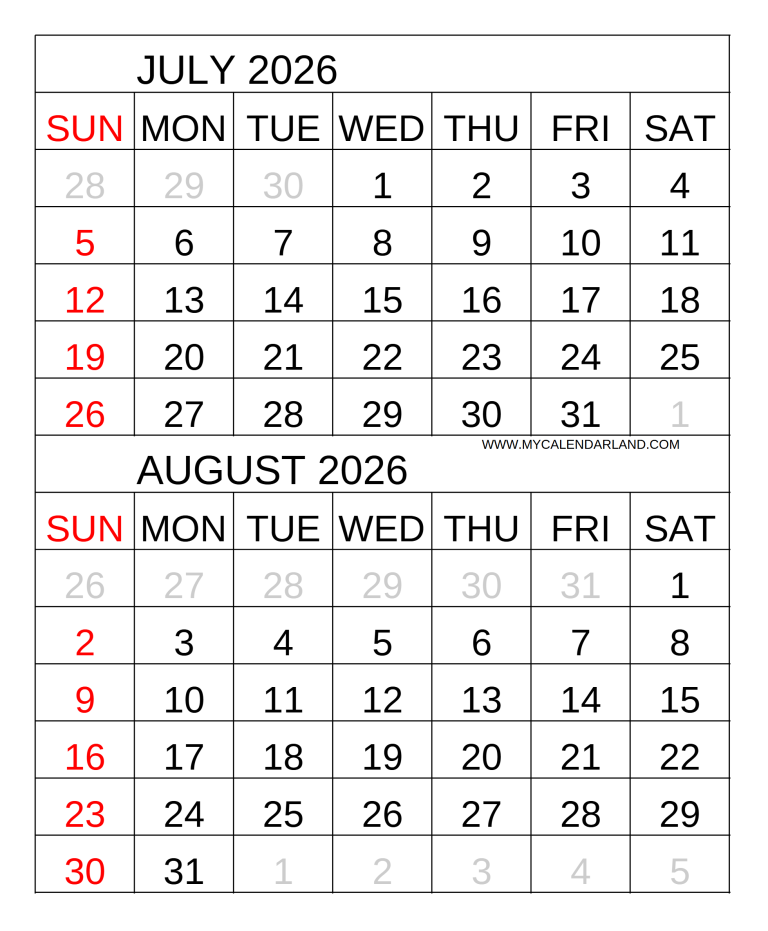 July and August Calendars for 2026 – My Calendar Land