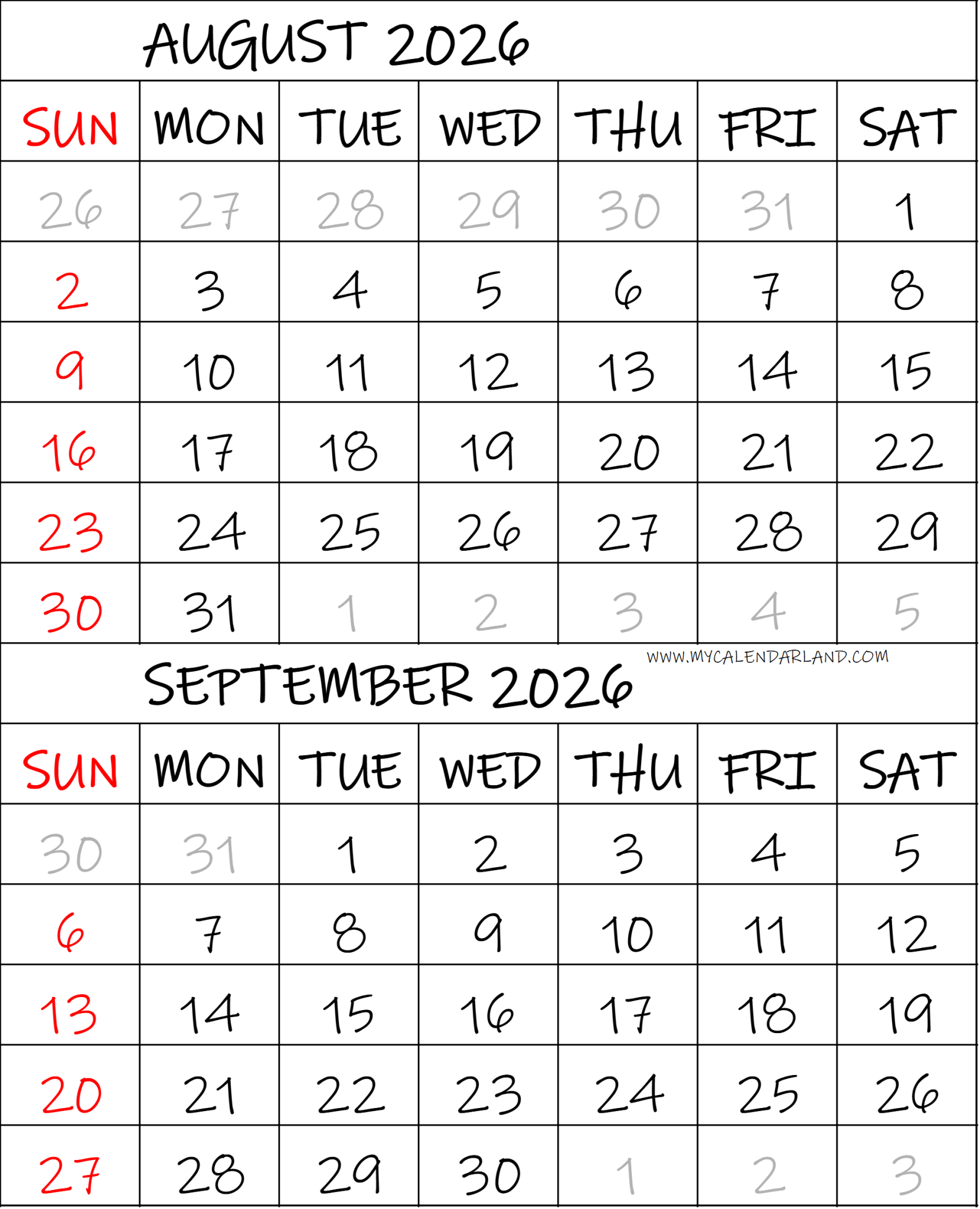 August and September Calendars 2026 – My Calendar Land