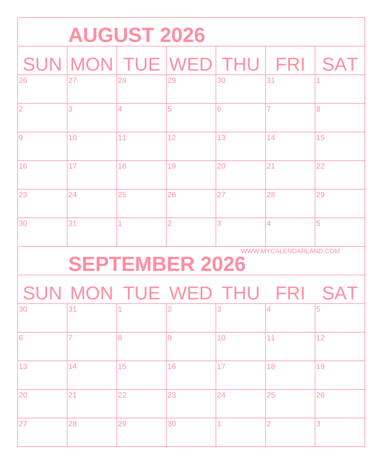 August and September Calendars 2026 – My Calendar Land
