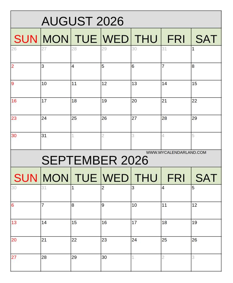 August and September Calendars 2026 – My Calendar Land